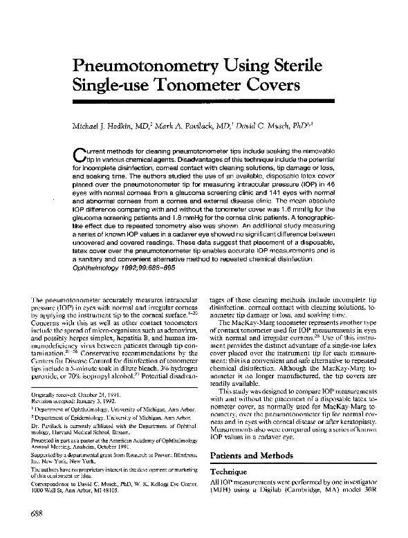 (PDF) Pneumotonometry Using Sterile Single-use Tonometer Covers | Mark ...