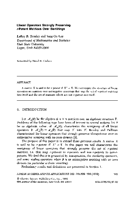 (PDF) Linear operators strongly preserving r -cyclic matrices over semirings