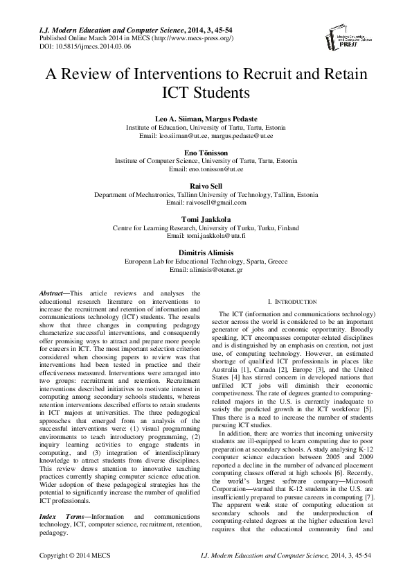 (PDF) A review of interventions to recruit and retain ICT students