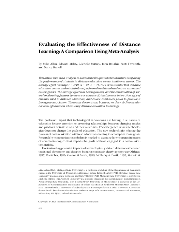 (PDF) Evaluating the Effectiveness of Distance Learning: A Comparison ...