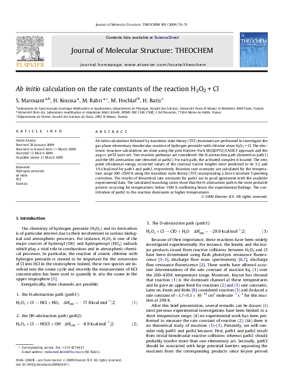 Pdf Ab Initio Calculation On The Rate Constants Of The Reaction H 2 O