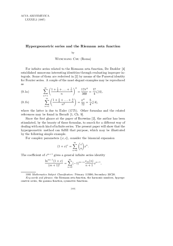 (PDF) Hypergeometric series and the Riemann zeta function