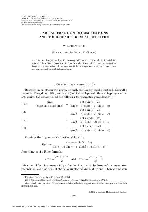 (PDF) Partial fraction decompositions and trigonometric sum identities