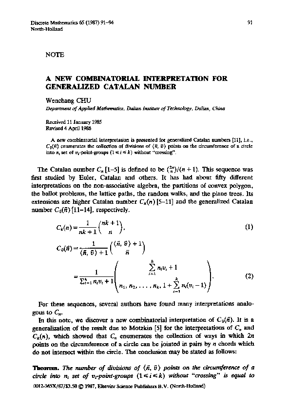 (PDF) A new combinatorial interpretation for generalized Catalan number