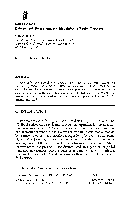 (PDF) Determinant, permanent, and MacMahon's master theorem