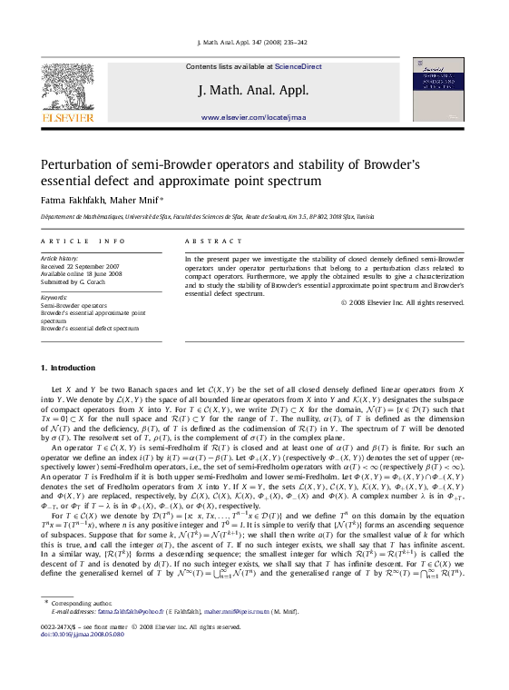 (PDF) Perturbation of semi-Browder operators and stability of Browder's essential defect and ...