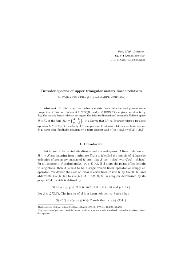 (PDF) Browder spectra of upper triangular matrix linear relations | Yosra Chamkha and Maher Mnif ...