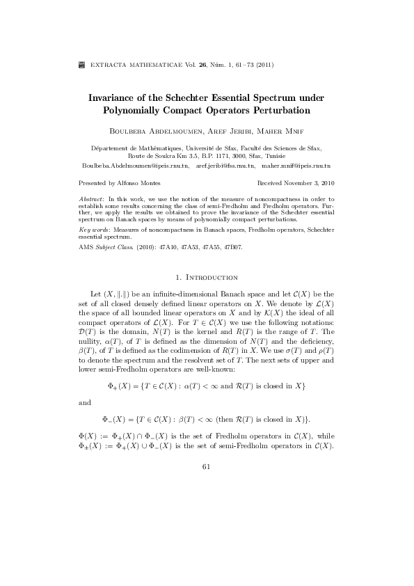 (PDF) Invariance of the Schechter essential spectrum under polynomially compact operators ...