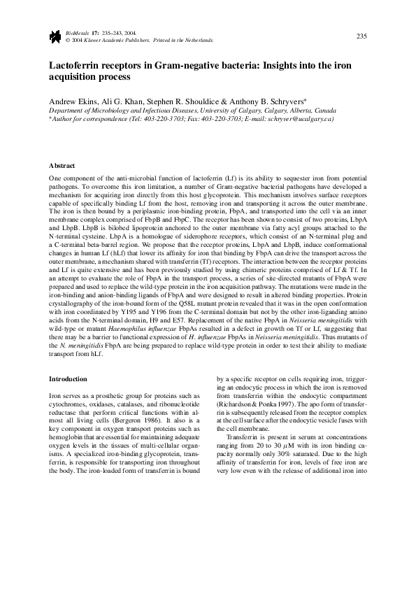 (PDF) Lactoferrin receptors in Gram-negative bacteria: Insights into ...