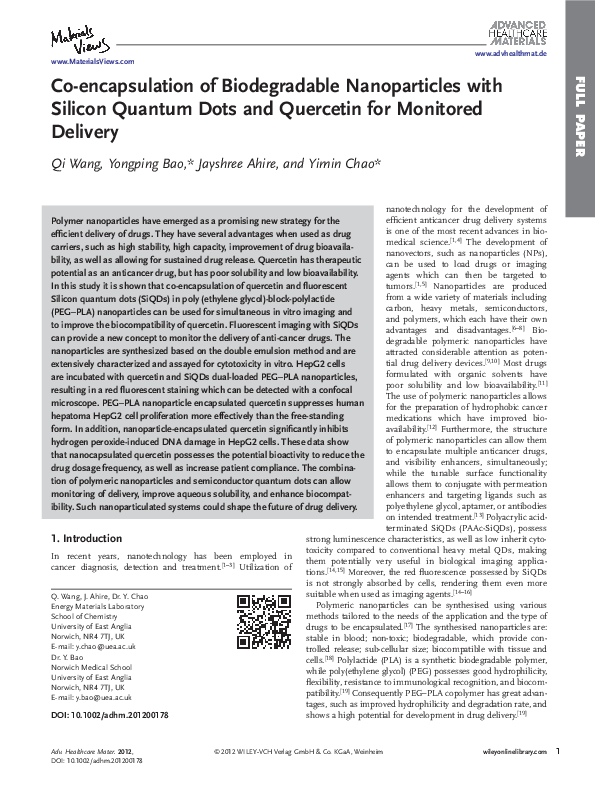 (PDF) Co-encapsulation of Biodegradable Nanoparticles with Silicon ...