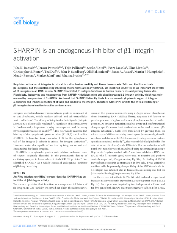 (PDF) SHARPIN is an endogenous inhibitor of β1-integrin activation