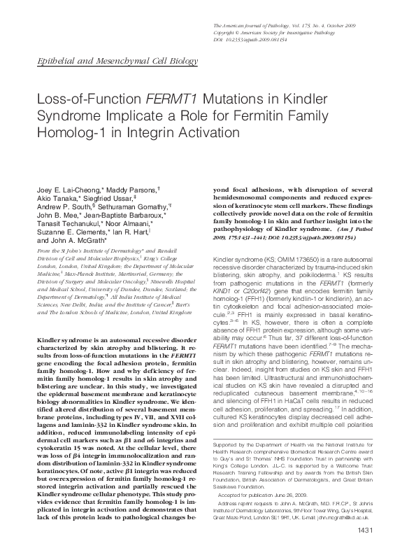 (PDF) Loss-of-Function FERMT1 Mutations in Kindler Syndrome Implicate a ...