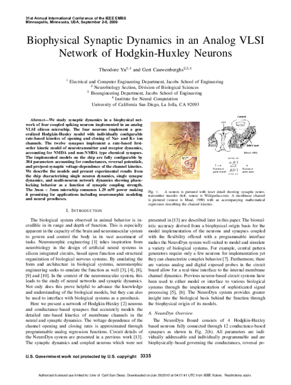 (PDF) Biophysical synaptic dynamics in an analog VLSI network of Hodgkin-Huxley neurons