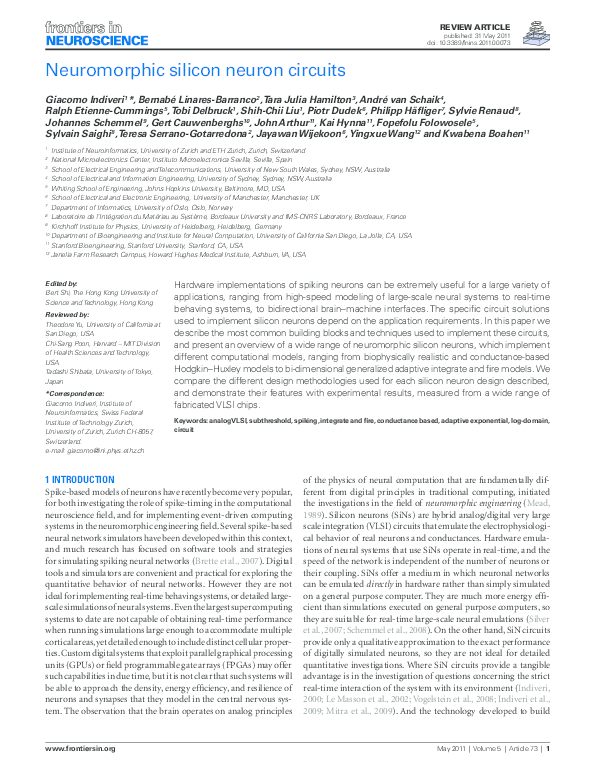 Pdf Neuromorphic Silicon Neuron Circuits