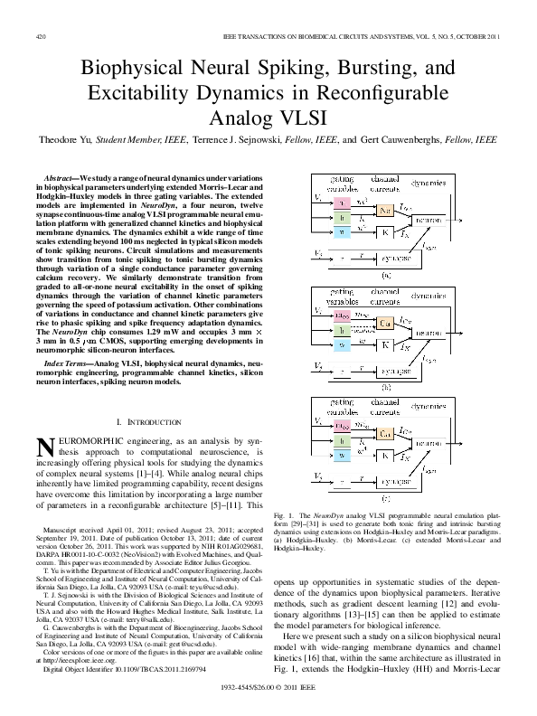 (PDF) Biophysical Neural Spiking, Bursting, and Excitability Dynamics in Reconfigurable Analog VLSI
