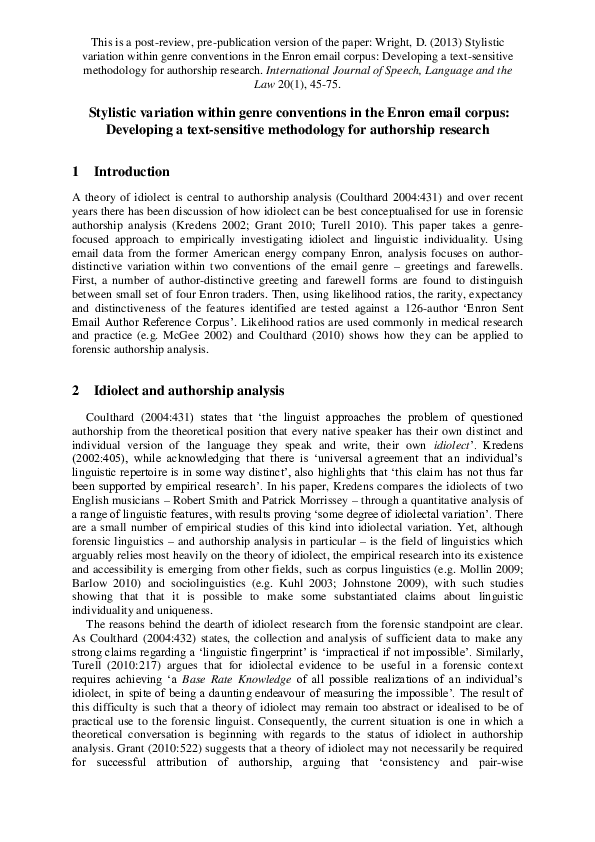 Pdf Stylistic Variation Within Genre Conventions In The Enron Email Corpus Developing A Text