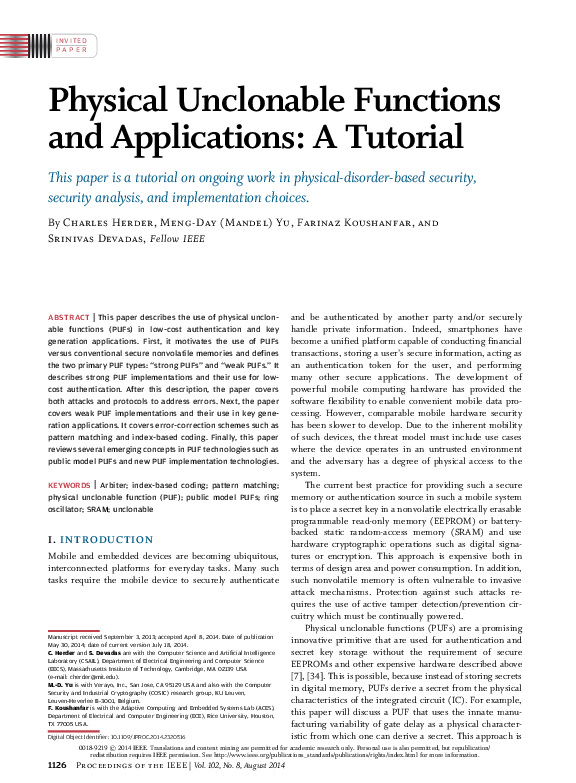 Pdf Physical Unclonable Functions And Applications A Tutorial