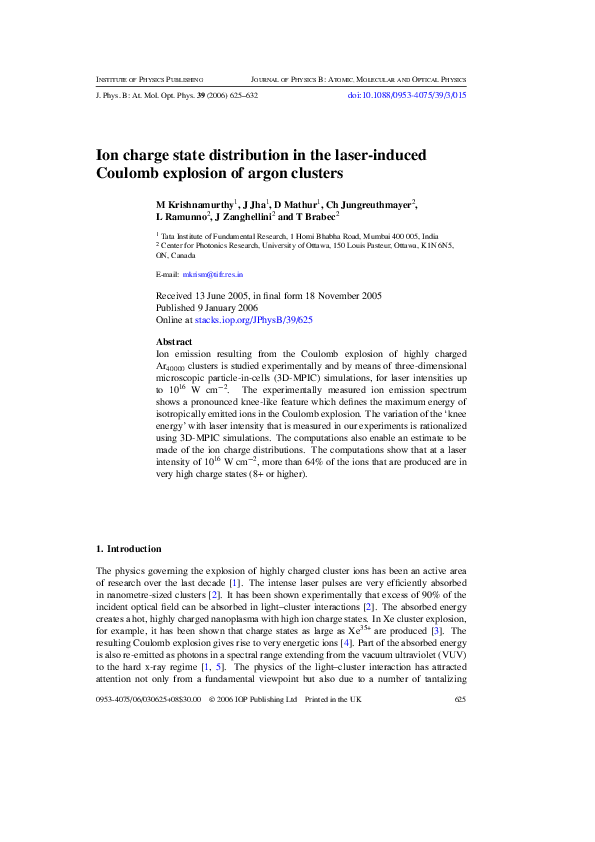 (PDF) Ion charge state distribution in the laser-induced Coulomb explosion of argon clusters