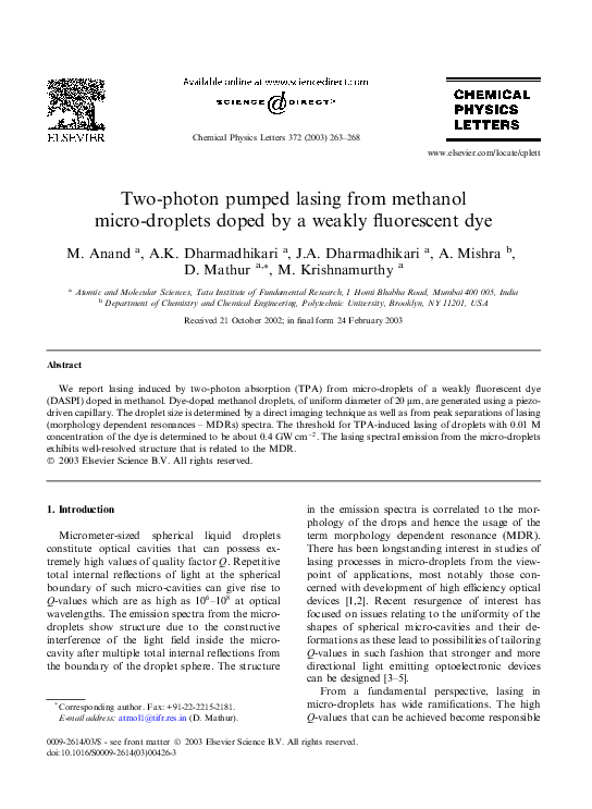 (PDF) Two-photon pumped lasing from methanol micro-droplets doped by a ...