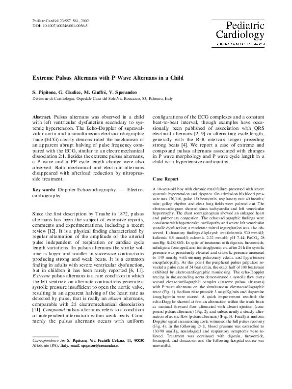 (PDF) Extreme Pulsus Alternans with P Wave Alternans in a Child