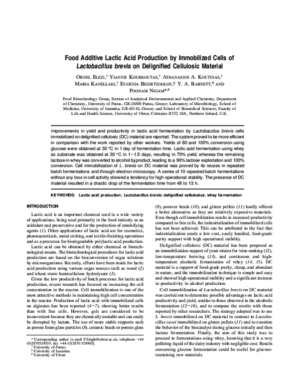 (PDF) Food Additive Lactic Acid Production by Immobilized Cells of ...