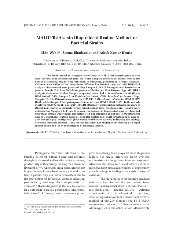 (PDF) MALDI-Tof Assisted Rapid Identification Method for Bacterial Strains