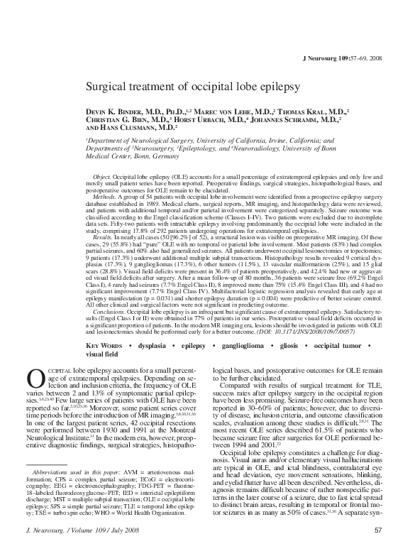 (PDF) Surgical treatment of occipital lobe epilepsy