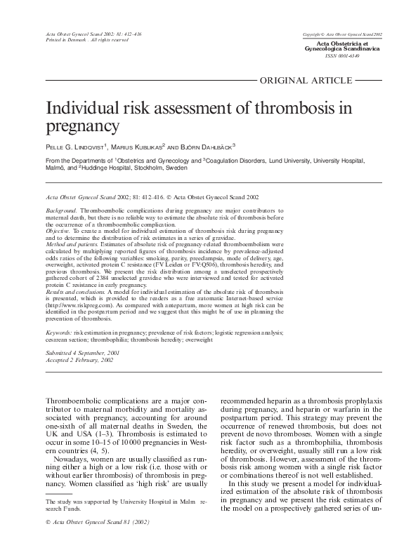 (PDF) Individual risk assessment of thrombosis in pregnancy