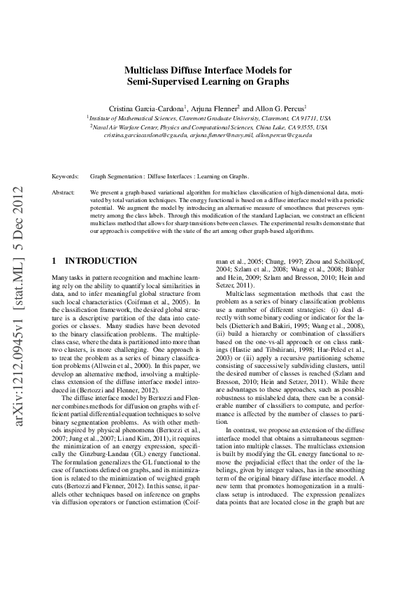 Pdf Multiclass Diffuse Interface Models For Semi Supervised Learning On Graphs