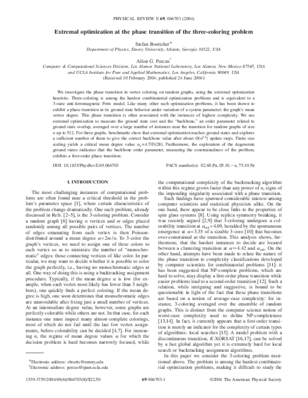 (PDF) Extremal optimization at the phase transition of the three-coloring problem