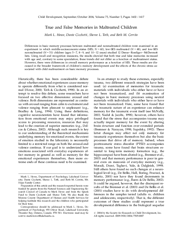 (PDF) True and False Memories in Maltreated Children