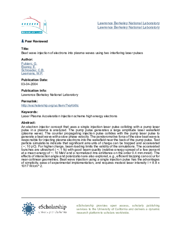 (PDF) Beat wave injection of electrons into plasma waves using two ...