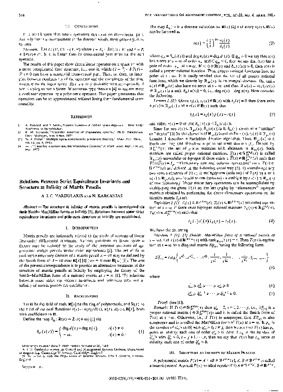 (PDF) Relations between strict equivalence invariants and structure at infinity of matrix pencils