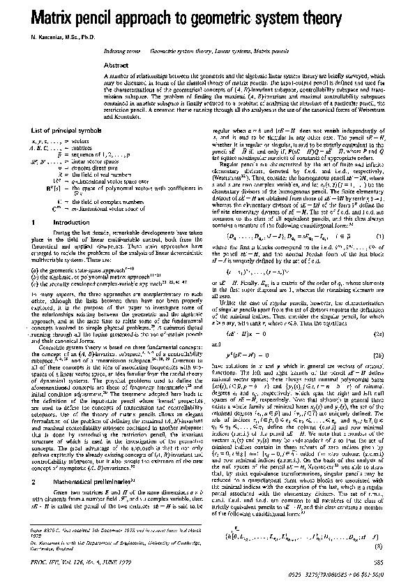 (PDF) Matrix pencil approach to geometric system theory