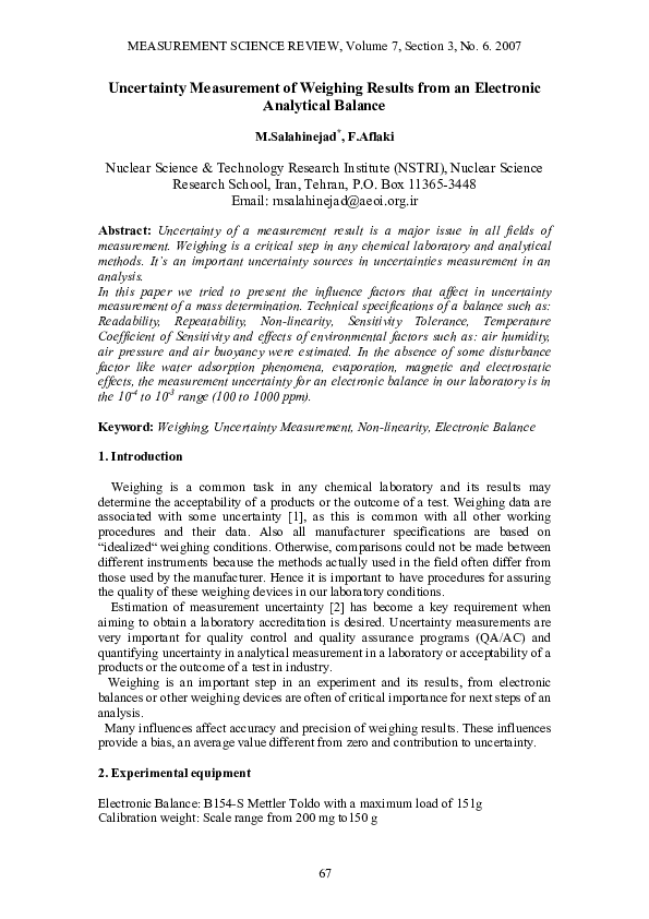 (PDF) Uncertainty Measurement of Weighing Results from an Electronic ...