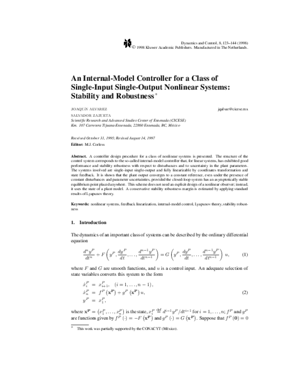 Pdf An Internal Model Controller For A Class Of Single Input Single Output Nonlinear Systems
