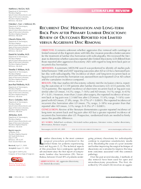 (PDF) RECURRENT DISC HERNIATION AND LONG-TERM BACK PAIN AFTER PRIMARY ...