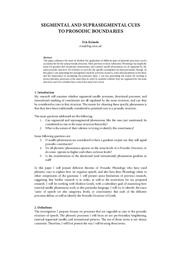 Pdf Segmental And Suprasegmental Cues To Prosodic Boundaries Evia Kainada