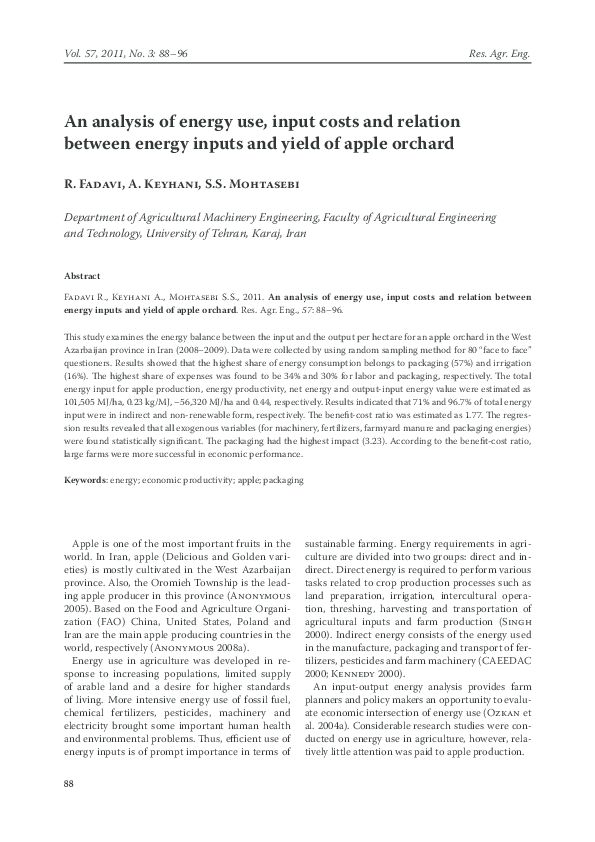 Pdf An Analysis Of Energy Use Input Costs And Relation Between