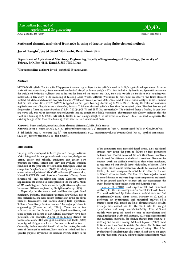 Pdf Static And Dynamic Analysis Of Front Axle Housing Of Tractor Using Finite Element Methods