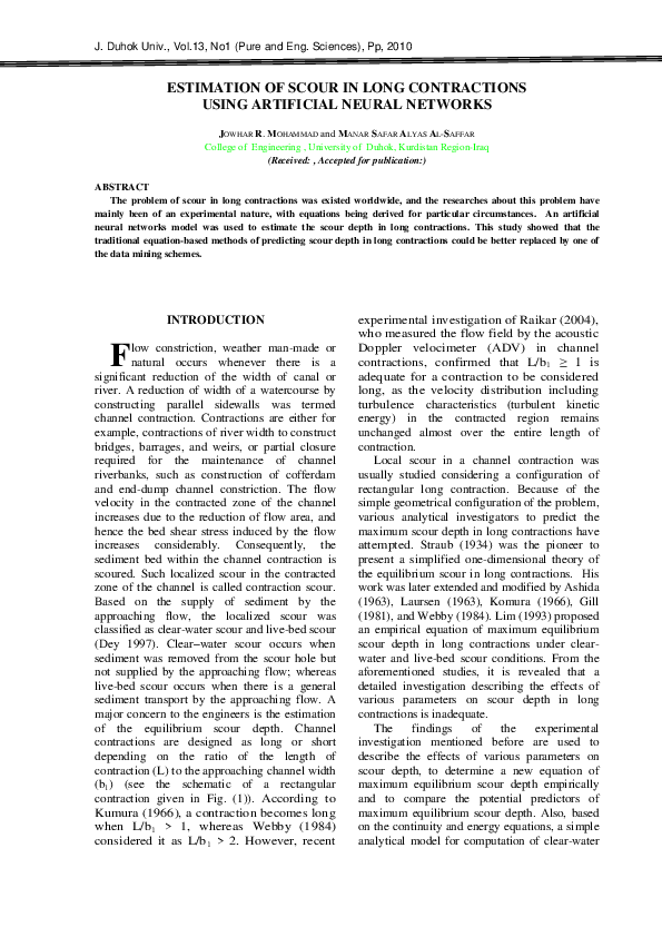 (PDF) Estimation of Scour in Long Contractions Using Artificial Neural Networks