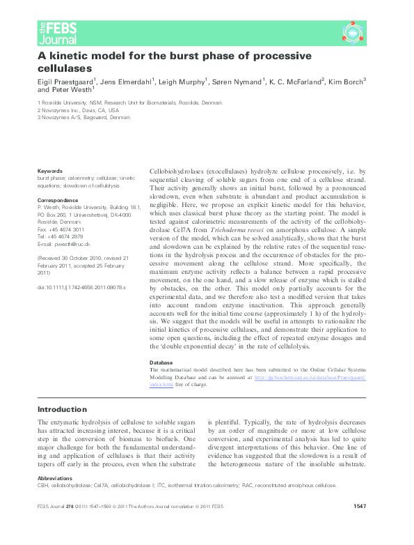 (PDF) A kinetic model for the burst phase of processive cellulases
