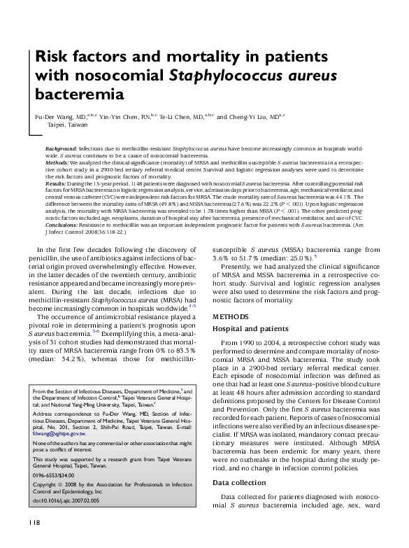 (PDF) Risk factors and mortality in patients with nosocomial Staphylococcus aureus bacteremia