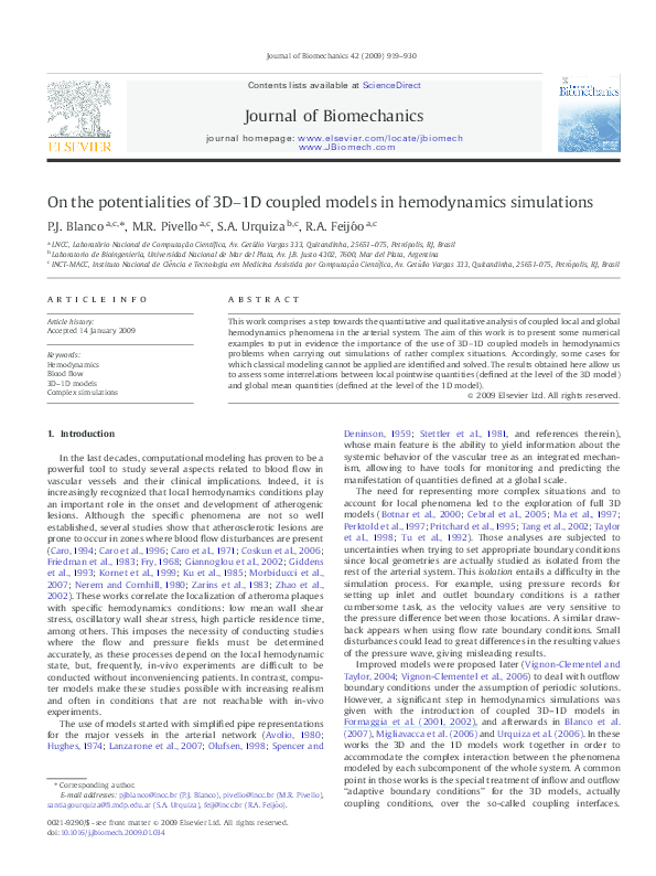 (PDF) On the potentialities of 3D–1D coupled models in hemodynamics ...