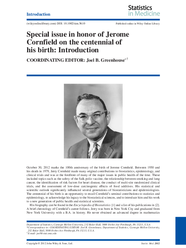 (PDF) Special issue in honor of Jerome Cornfield on the centennial of ...