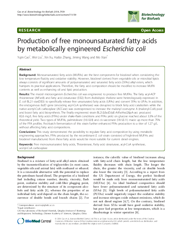 (PDF) Production of free monounsaturated fatty acids by metabolically engineered Escherichia coli
