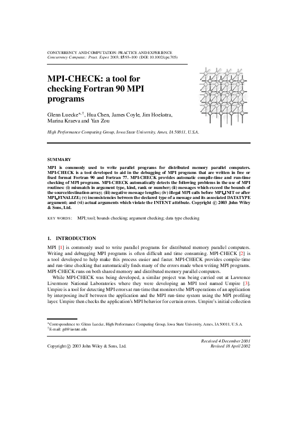 (PDF) MPI-CHECK: a tool for checking Fortran 90 MPI programs