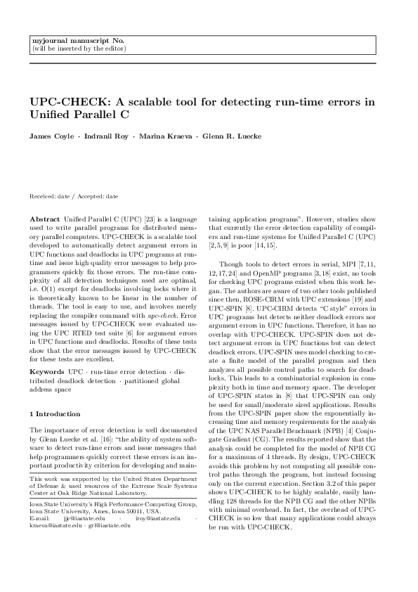 (PDF) UPC-CHECK: a scalable tool for detecting run-time errors in Unified Parallel C