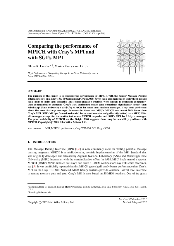 (PDF) Comparing the performance of MPICH with Cray's MPI and with SGI's MPI