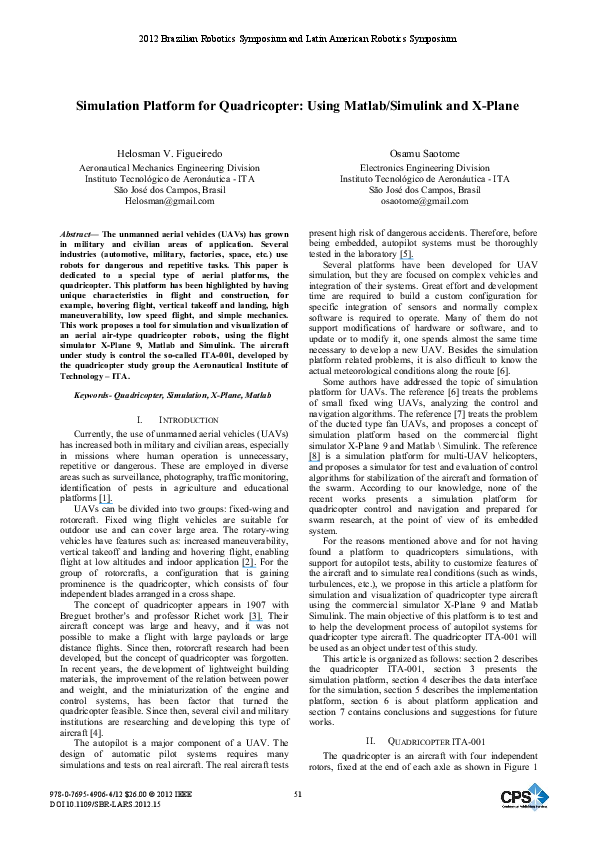 Pdf Simulation Platform For Quadricopter Using Matlab Simulink And X Plane
